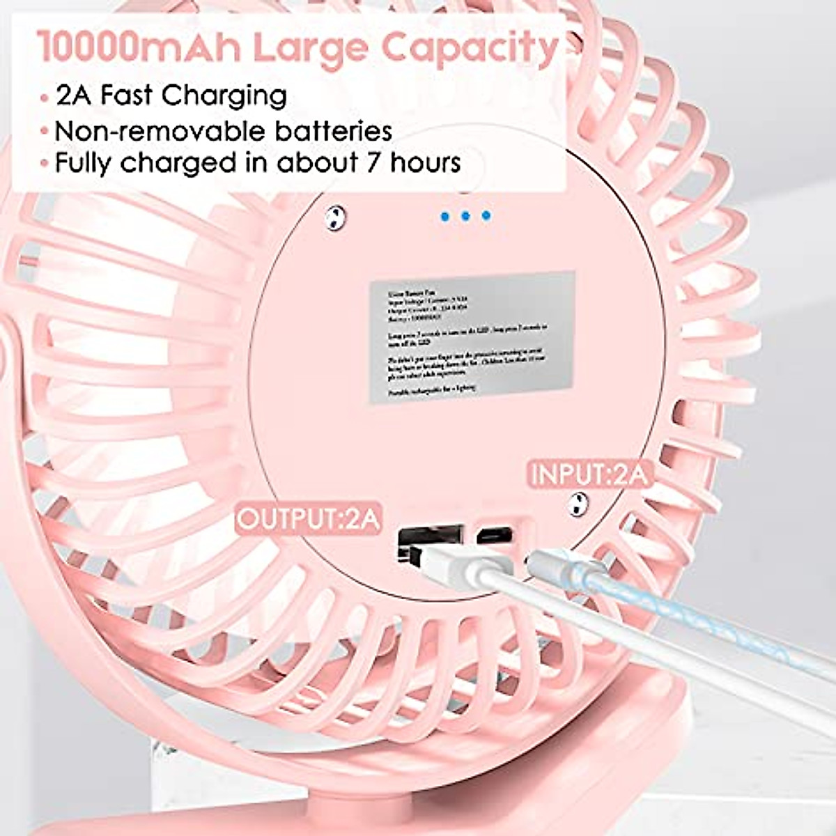 ANKACEPERSONAL 10000mAh Portable Fan Rechargeable, Battery Operated Desk Fan Clip on Fan with LED Light, 3 Modes 360° Rotation Personal USB Small Fan Outdoor Camping Golf Cart Indoor GymOffice, pink