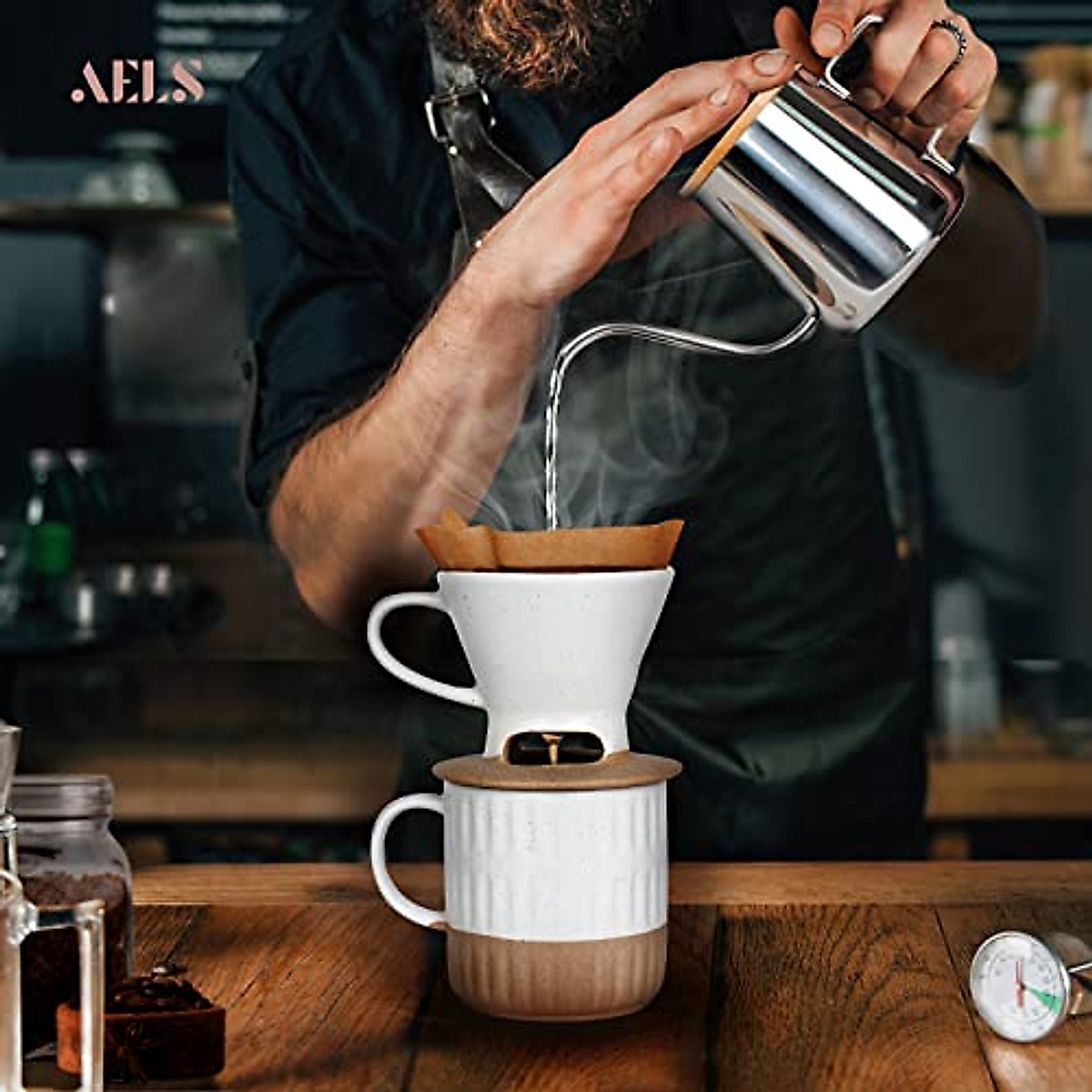 AELS Pour Over Coffee Maker Gift Set, Includes Ceramic Coffee Dripper Brewer & Coffee Mug with Lid, Stainless Steel Gooseneck Kettle & 5pcs Coffee Filter, Manual Single Cup Coffee Maker, Gift Idea