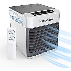iCoostor Personal Space Air Cooler | Portable Evaporative Air Cooler | Humidifier with Touch Button & Remote Control & 3 Speed Levels &7 LED Light & Waterless Protect & Timer for Every Situation