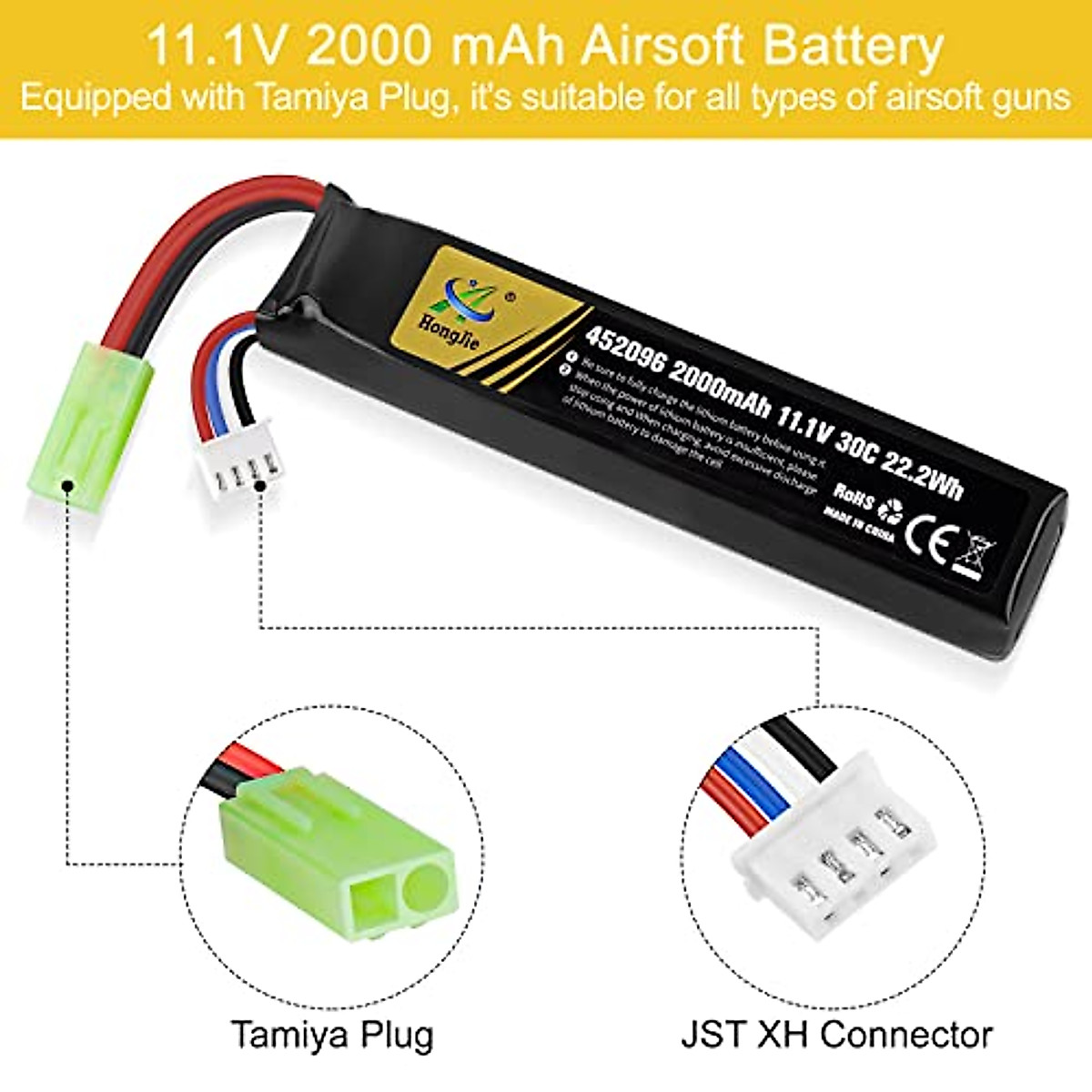 Airsoft Battery 11.1V Rechargeable 3S LiPo 2000mAh 30C Hobby Battery with Mini Tamiya & JST XH Connector for Airsoft Model Guns Rifle RC Car Drone