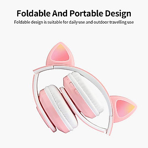 Docooler Cat Ear Headphones, Gaming Headphone with Microphone, Stereo Hi-Fi Soun, Foldable Comfortable, Adjustable Wireless/Wire Over Ear Headset for Girls, Teenagers, Adults, Gaming - Pink