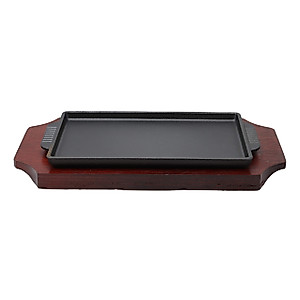 Ebros Personal Size Cast Iron Sizzling Fajita Pan Skillet Japanese Steak Plate With Wood Underliner Base Restaurant Home Kitchen Cooking Supply (Rectangular 9.25"L X 5.25"Wide)