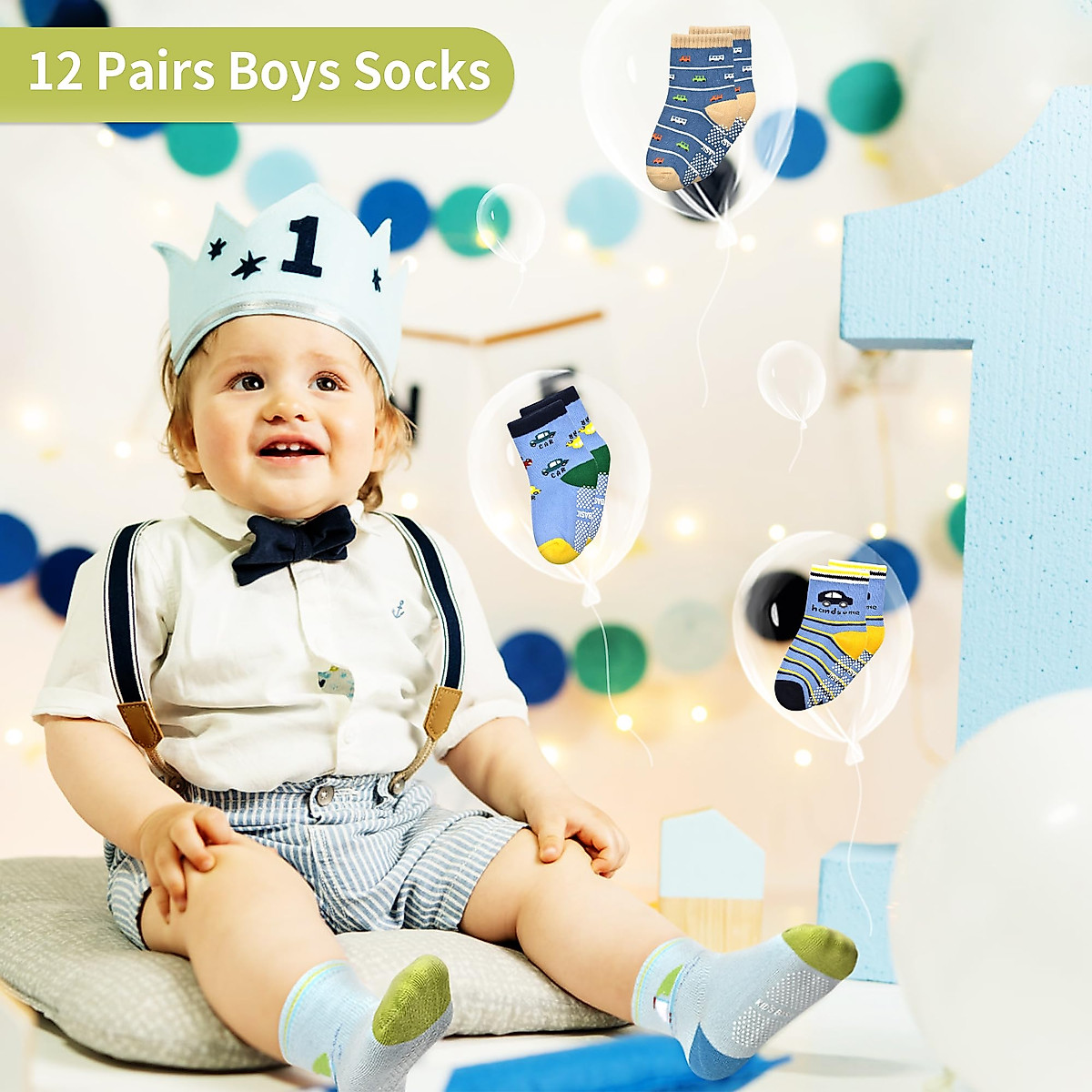 Tphon Non Slip Kids Toddler Socks with Gripper 12 Pairs Anti Skid Boys Girls Socks for Baby Socks for 1-3 Year Children