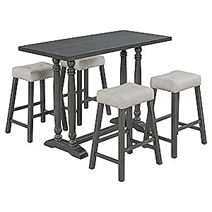5-Piece Rustic Dining Table Set with 4 Upholstered Stools, Counter Height Kitchen Furniture, 5-Piece Dining Table Set for Kitchen, Dining Room (Gray)