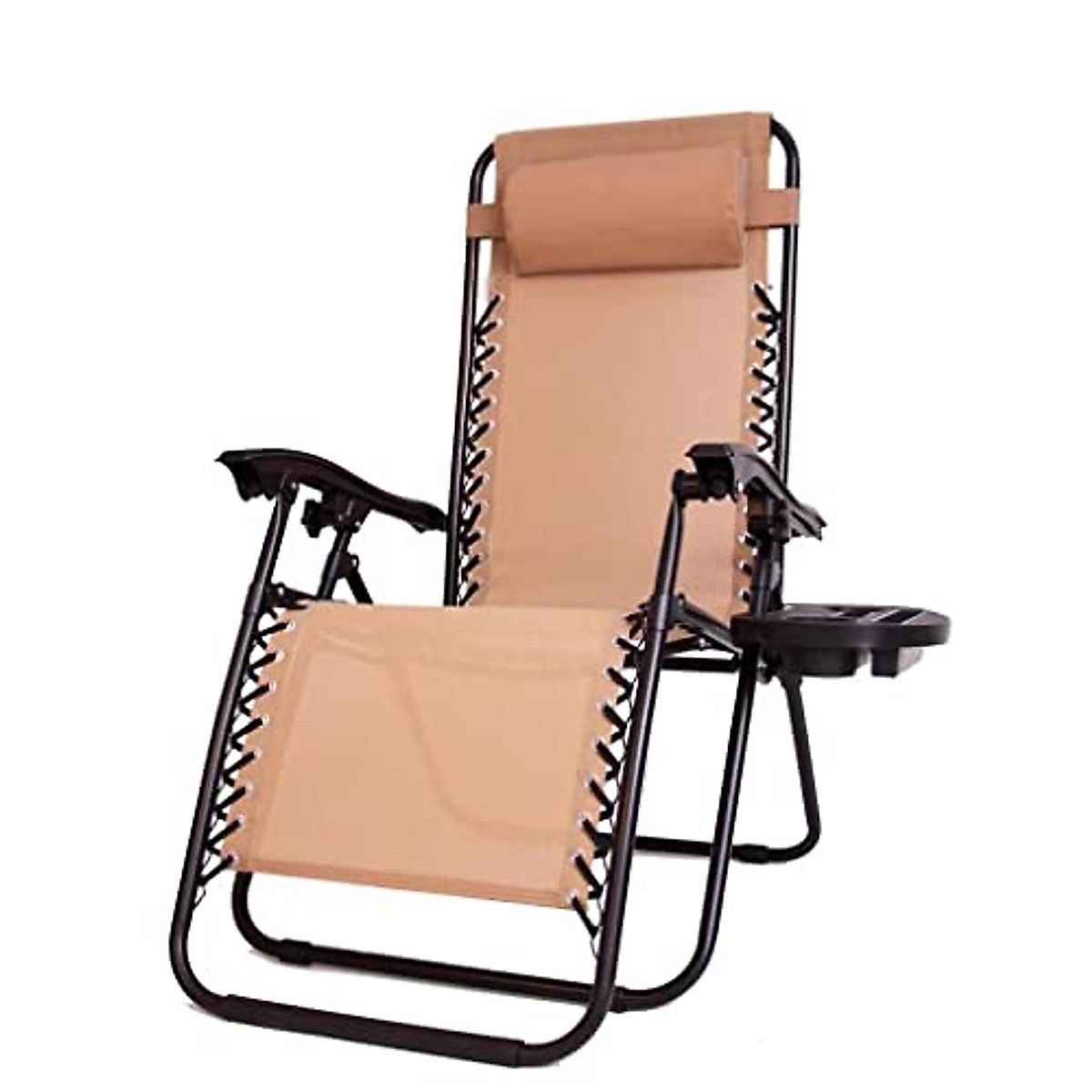 BTEXPERT 3PCS Zero Gravity Foldable Chair Side Table Set Adjustable Recliner Pillow Chaise Lounge Outdoor Camping Patio Porch Beach Back Yard Garden Built-in Cup Holder Beige Two Case Pack Portable