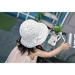 jerague Kids Toddler Baby Straw Sun Hat with Bowknot White Floppy Summer Beach Protection Hats for Boy Girl (White/Lace, 3-5years)