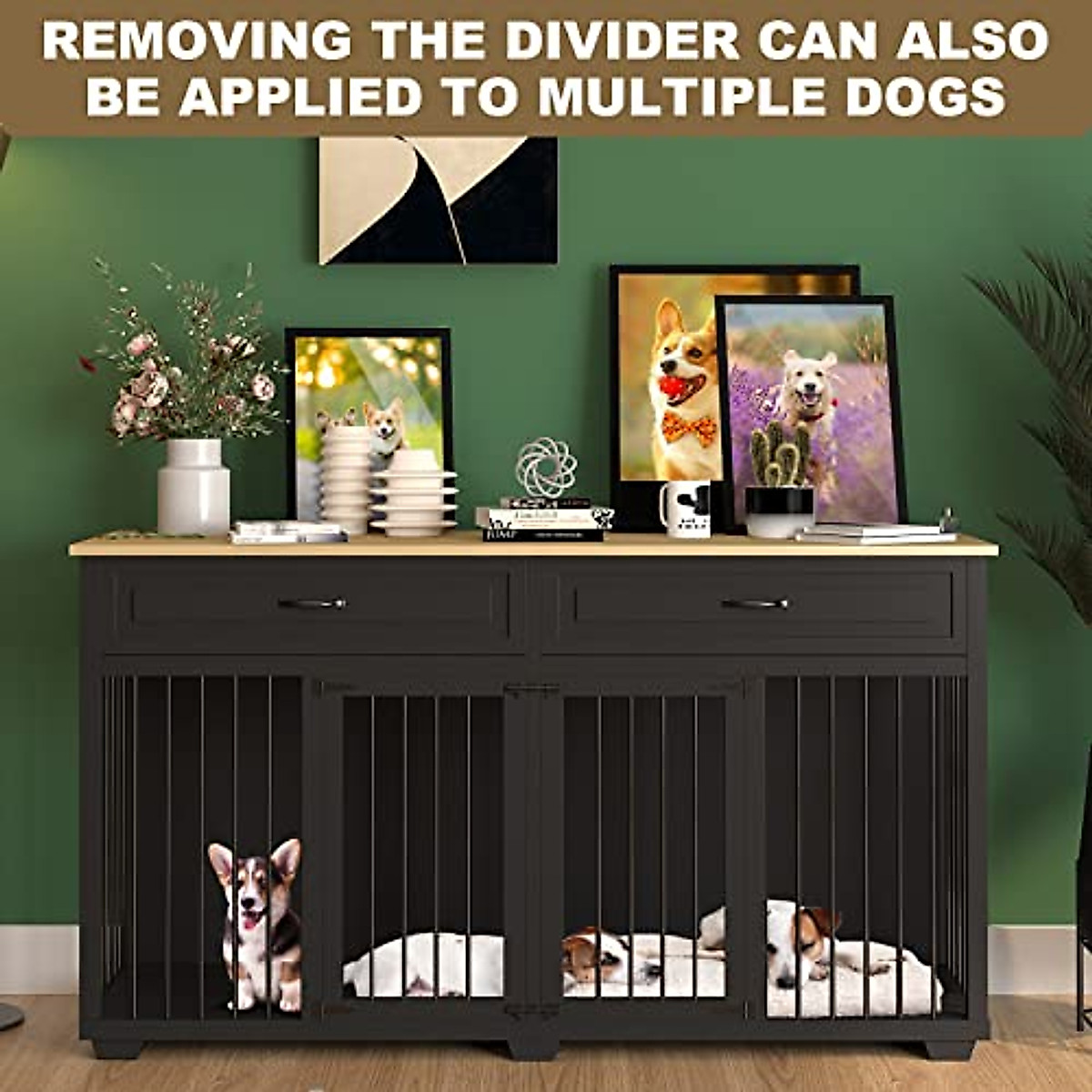 Large Dog Crate Furniture,Wooden Dog Crate Cage with Room Divider and 2 Drawer, Heavy Duty Dog Crate Kennel Furniture for Large and Medium Dog Indoor, Big Dog Crate with 2 Doors, Black