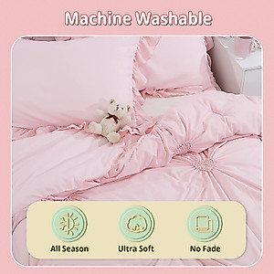 HOMBYS Pink Bedding Comforter Set for Girls, 3 Piece Blush Pinch Pleat Comforter Set with Ruffles for All Season，Twin Size