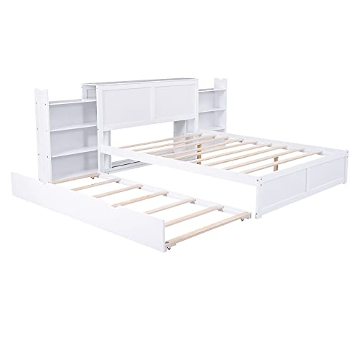 DRELOFT Storage Platform Bed Frame Queen with Pull Out Shelves and Twin XL Size Trundle, Wooden Platform Bed with Storage Headboard for Bedroom, No Box Spring Needed, Easy Assembly, White