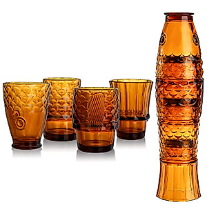 Frcctre Set of 4 Koi Fish Design Drinking Glasses, Stackable Amber Tumbler Glasses Beverage Cups Juice Tumblers Drinking Water Cups Nautical Glassware for Home, Party, Bar