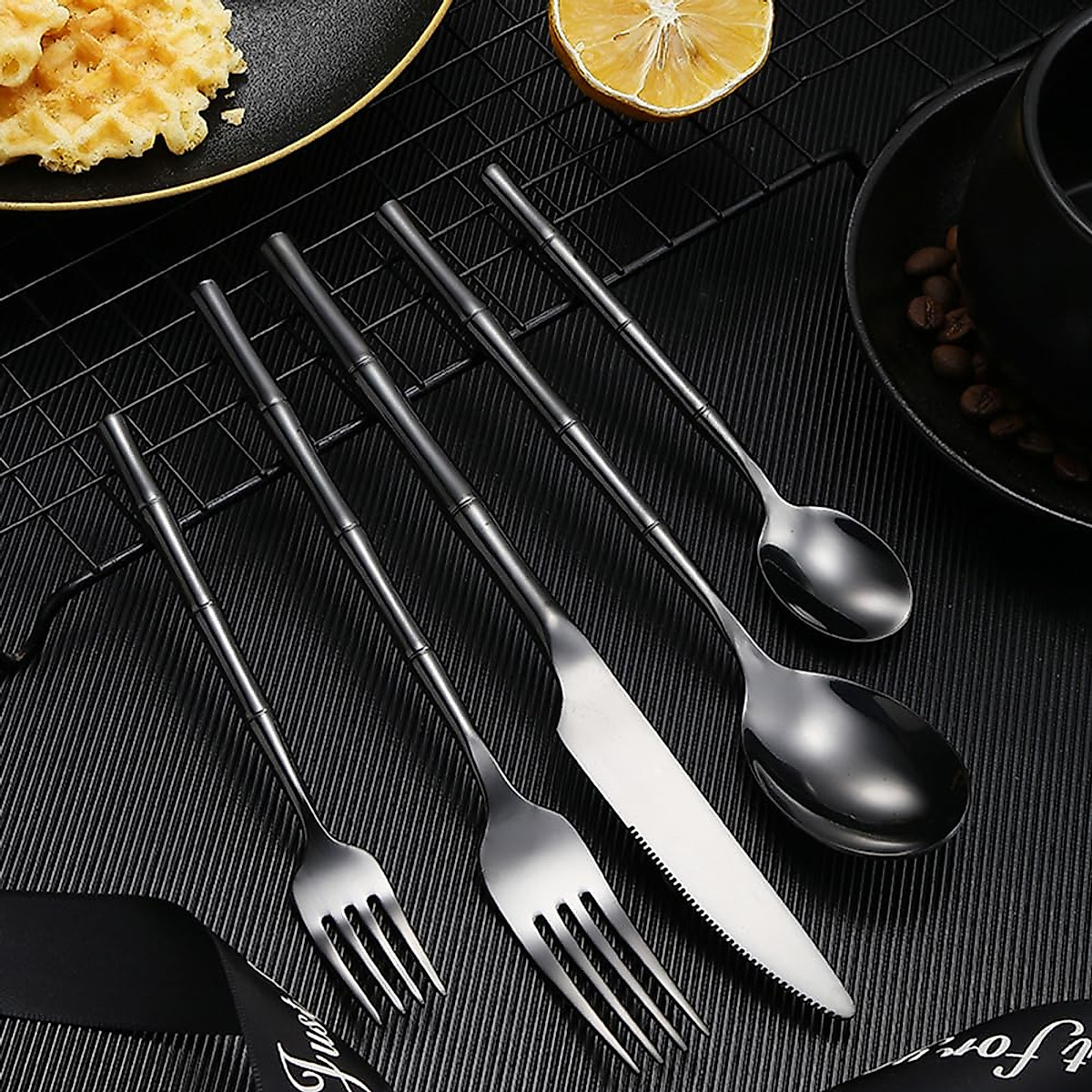 20 Piece Bamboo Shaped Flatware Set Service for 4, 18/10 Stainless Steel Black Bamboo Handle Silverware Cutlery Set For Home Kitchen Hotel Utensils, Mirror Polished, Dishwasher Safe