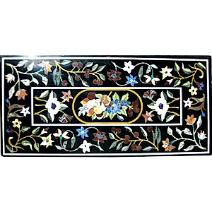 48" x 24" Inch Natural Black Marble Dining Table Pietra Dura Floral Marquetry Patio Table, Outdoor Furniture Table, Italian Style Table