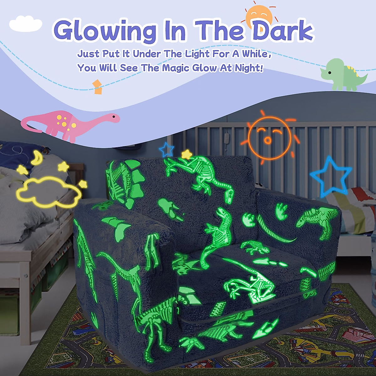 OSYKIU Kids Couch, 2-in-1 Toddler Sofa Fold Out, Comfy Toddler Sofa Chair, Convertible Kids Couch to Lounger, Dinosaur Baby Sofa Chair for Boys and Girls Gifts, Folding Kids Play Sofa Bed