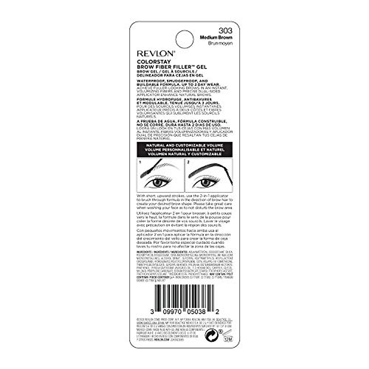 Revlon ColorStay Brow Fiber Filler, Longwearing & Volumizing Waterproof Eyebrow Gel, 303 Medium Brown, 0.23 fl. oz.