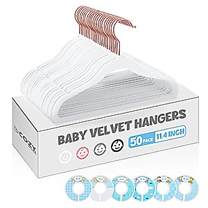 COZYMOOD Velvet Baby Hangers for Closet 50 Pack, Non-Slip Baby Clothes Hangers with 6 Pcs Cute Closet Dividers, Ultra-Thin Small Hangers for Kids Clothes Space Saving Infant & Toddler Hangers, White