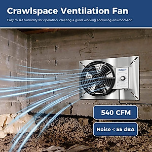 ALORAIR Stainless Steel Crawl Space Vent Fan, 540 CFM Air Out Ventilation Fan with Humidistat Dehumidistat, IP55 Rated Exhaust Fan with Isolation Mesh for Crawlspace Foundation Basements Garage Attic