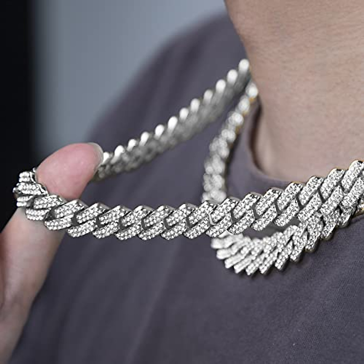 nkjegol Cuban Chain Necklaces Silver/Gold Cuban Link Chains Mens Iced Out Miami Bling Diamond Hip Hop Jewelry for Women (16 inch, Silver)