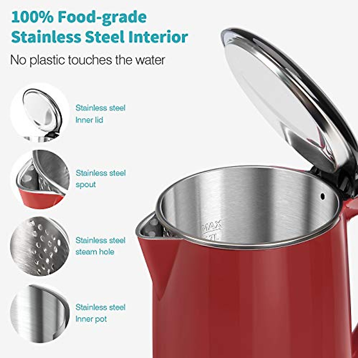 Secura SWK-1701DB The Original Stainless Steel Double Wall Electric Water Kettle 1.8 Quart, Red
