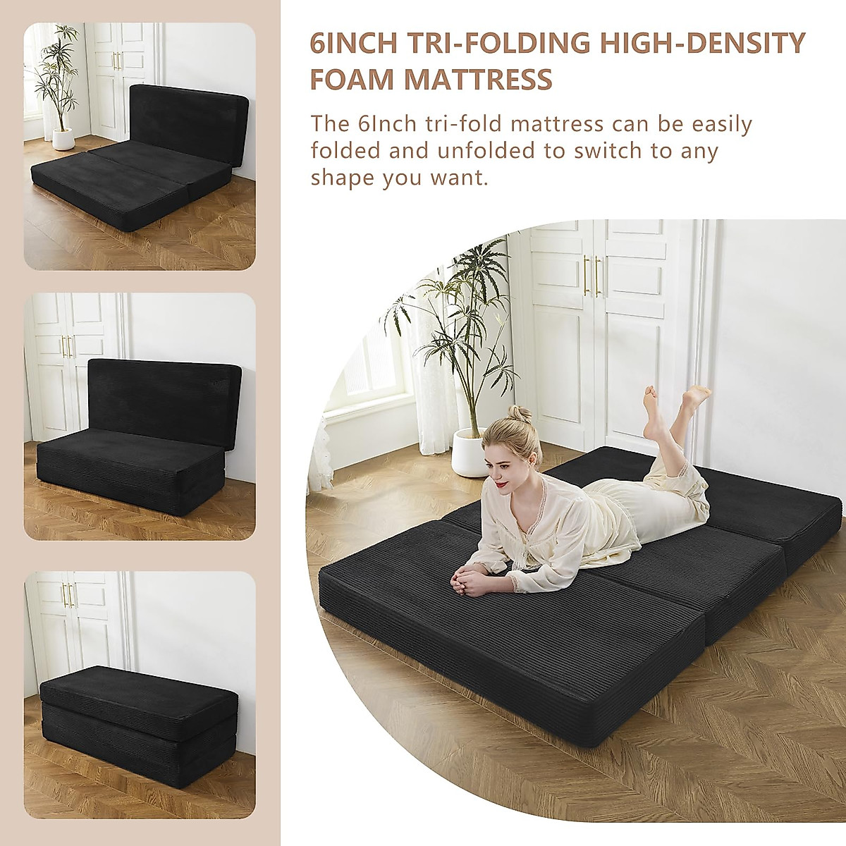 Tri-Folding Corduroy Mattress, 6 Inch Gel Folding Mattress Topper, Foldable Soft Guest Bed Camping Pad, Washable Cover (Black, Twin)