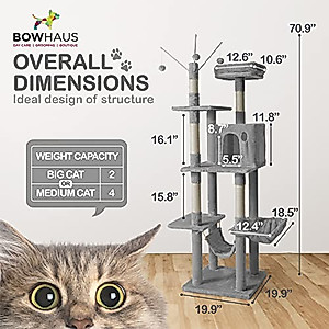 BOWHAUS Tall Cat Tree for Indoor Large Cats or Kittens, Multi-Level Cat Activity Tree with Scratching Posts, Hammock, Cat Cave Condo, Modern Cute Small Cat Climbing Tower with Widened Perch