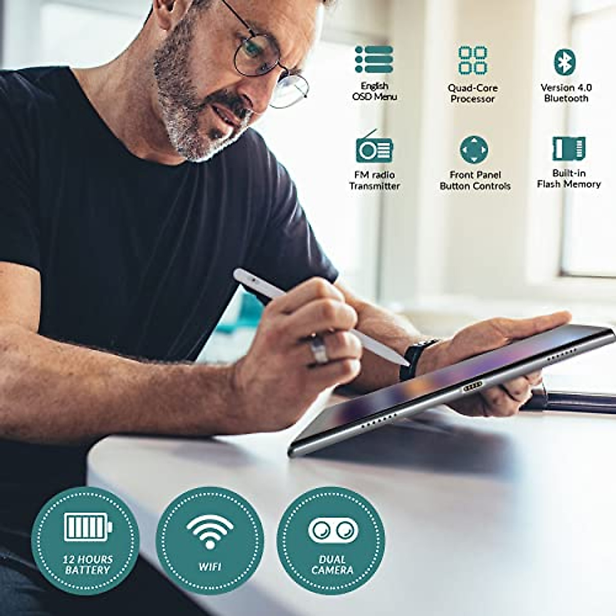 Pyle 1080p HD Display, 5000 mAH, Dual 10.1 Inch Android Tablet -2 in 1 Tablet Camera, WiFi Compatibility, Quad-Core Processor, 2GB RAM, 32GB Storage,Magnetic Keyboard,Stylus Pen & Case Included-Silver