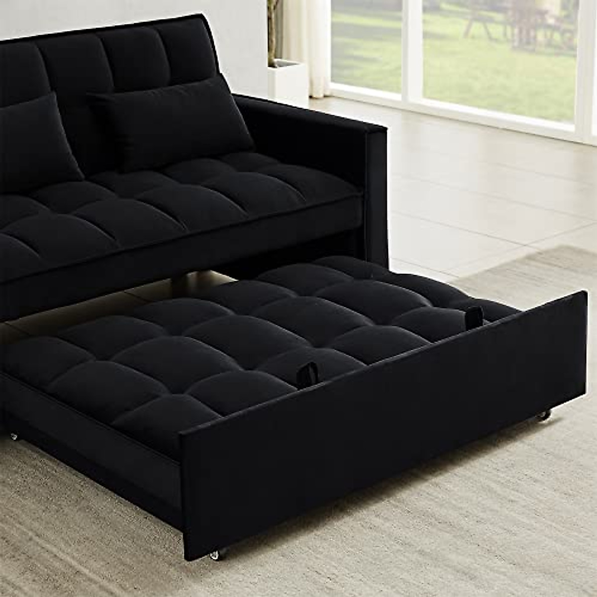Holaki Convertible Velvet Sleeper Sofa Bed, 55.2" Velvet Loveseat Sofa Modern Pull Out Sofa Bed Lounge Chaise Armchair with Adjustable Backrest,2 Lumbar Pillows,Small Couch for Home Office(Black)