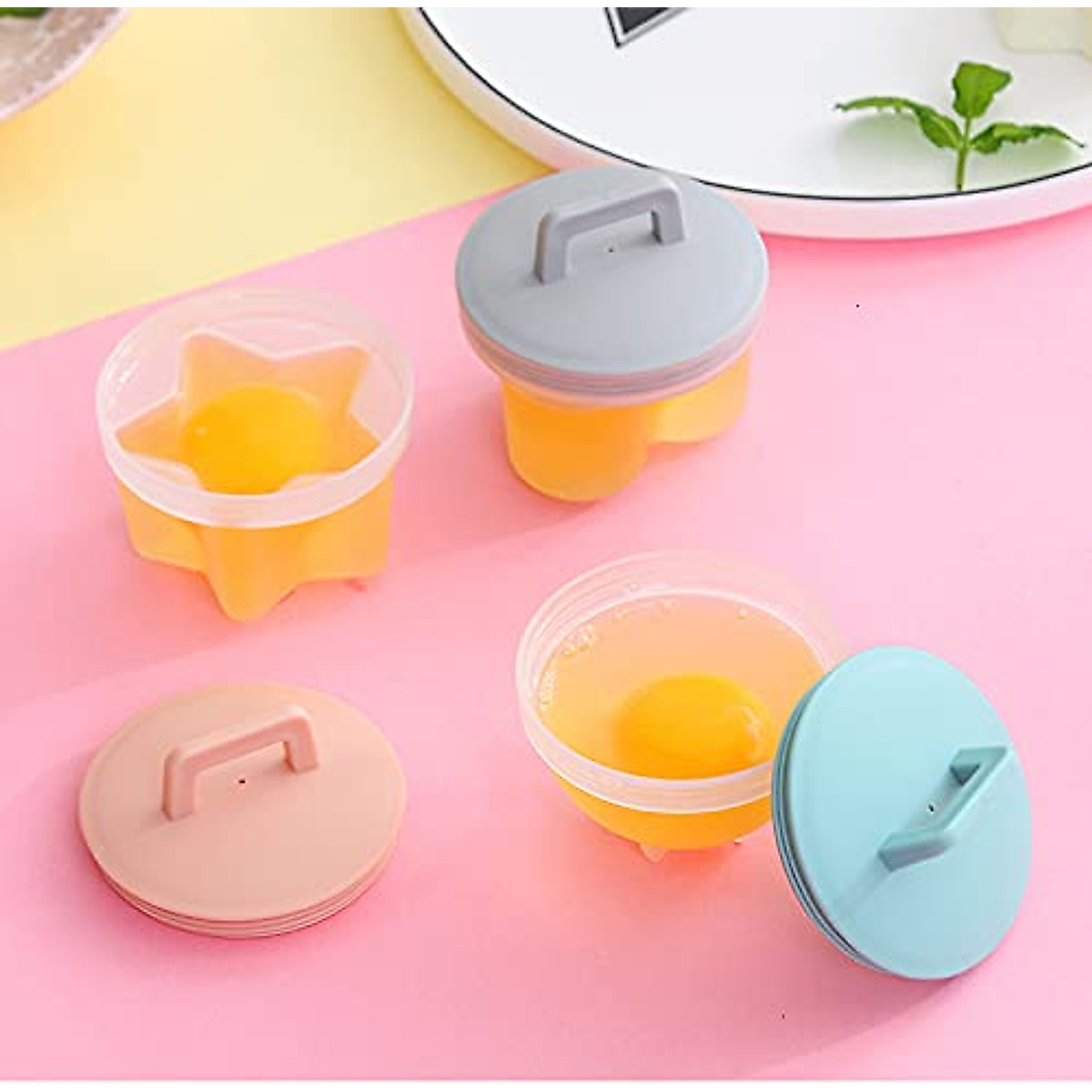 4 Pcs/Set Cute Egg Boiler Plastic Egg Poacher Set Kitchen Egg Cooker Tools Egg Mold Form with Lid Brush Pancake Maker