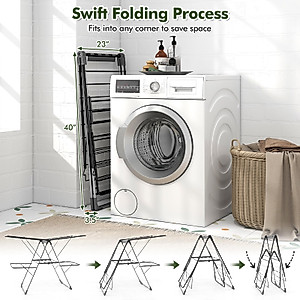 Tangkula Laundry Drying Rack, Foldable Clothes Drying Rack with Height Adjustable Wings, 33 Drying Rails & Sock Clips, Freestanding Gullwing Garment Stand for Indoor & Outdoor Use (Sliver+Grey)