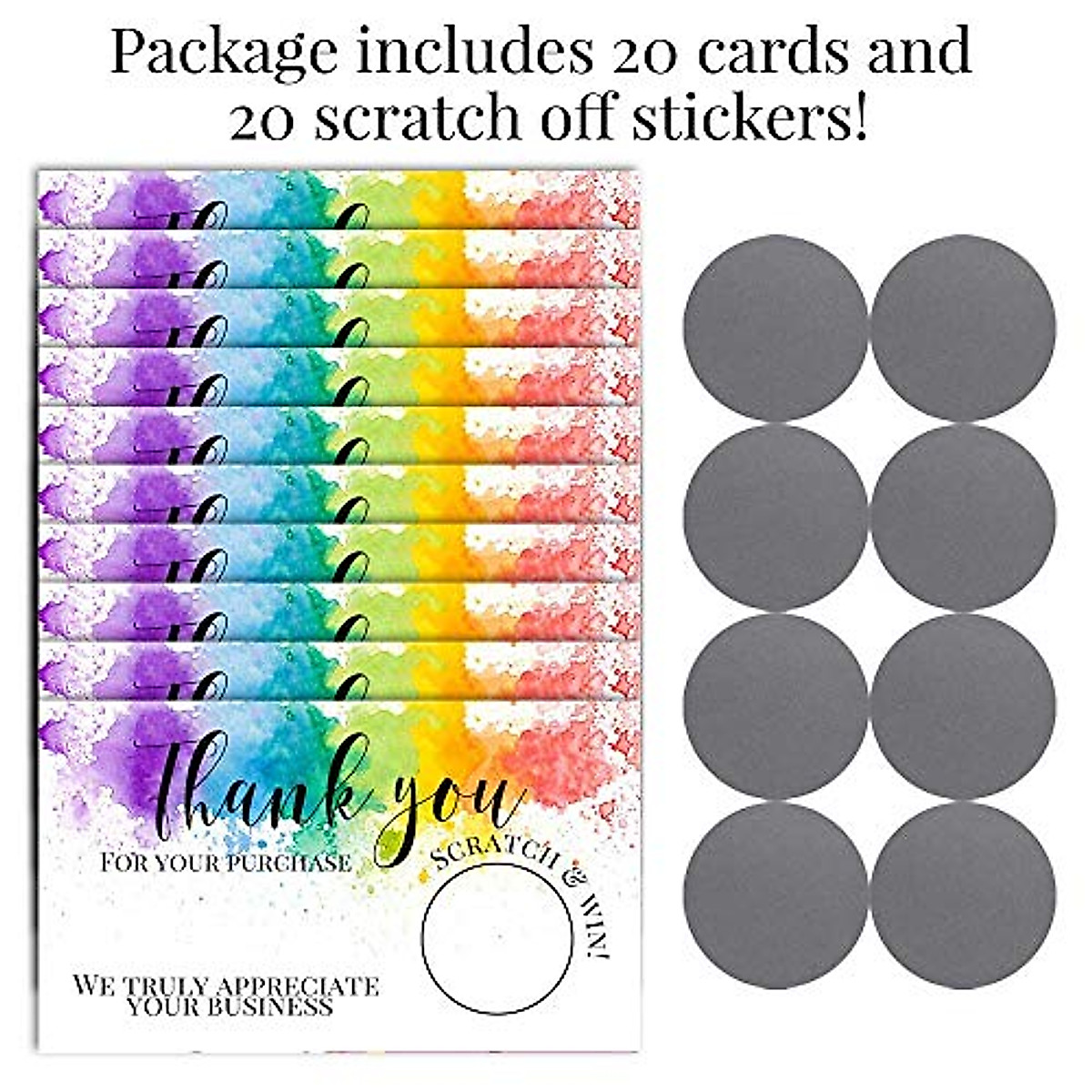 Rainbow Watercolor Themed Scratch & Win Customer Appreciation Package Inserts for Small Businesses, 20 2" X 3.5” Single Sided Insert Cards with Scratch Off Stickers included by AmandaCreation