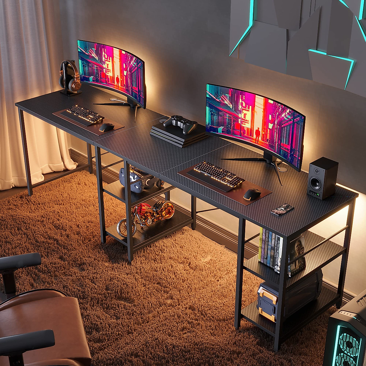 Bestier L Shaped Gaming Desk with Shelves 95.2 Inch Reversible Corner Computer Desk or 2 Person Long Table for Home Office Large Writing Storage Workstation P2 Board with 3 Cable Holes, Carbon Fiber