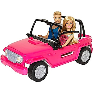 Barbie Car Beach Cruiser with Doll in Sundress and Ken Outfit, Pink 2-Seater Open Toy