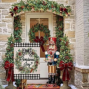Selmad Christmas Joy Wreath Decorative Burlap Garden Flag, Xmas Buffalo Plaid Check Farmhouse Home Yard Small Outdoor Decor, Winter Pine Cone Outside Decoration Double Sided 12 x 18