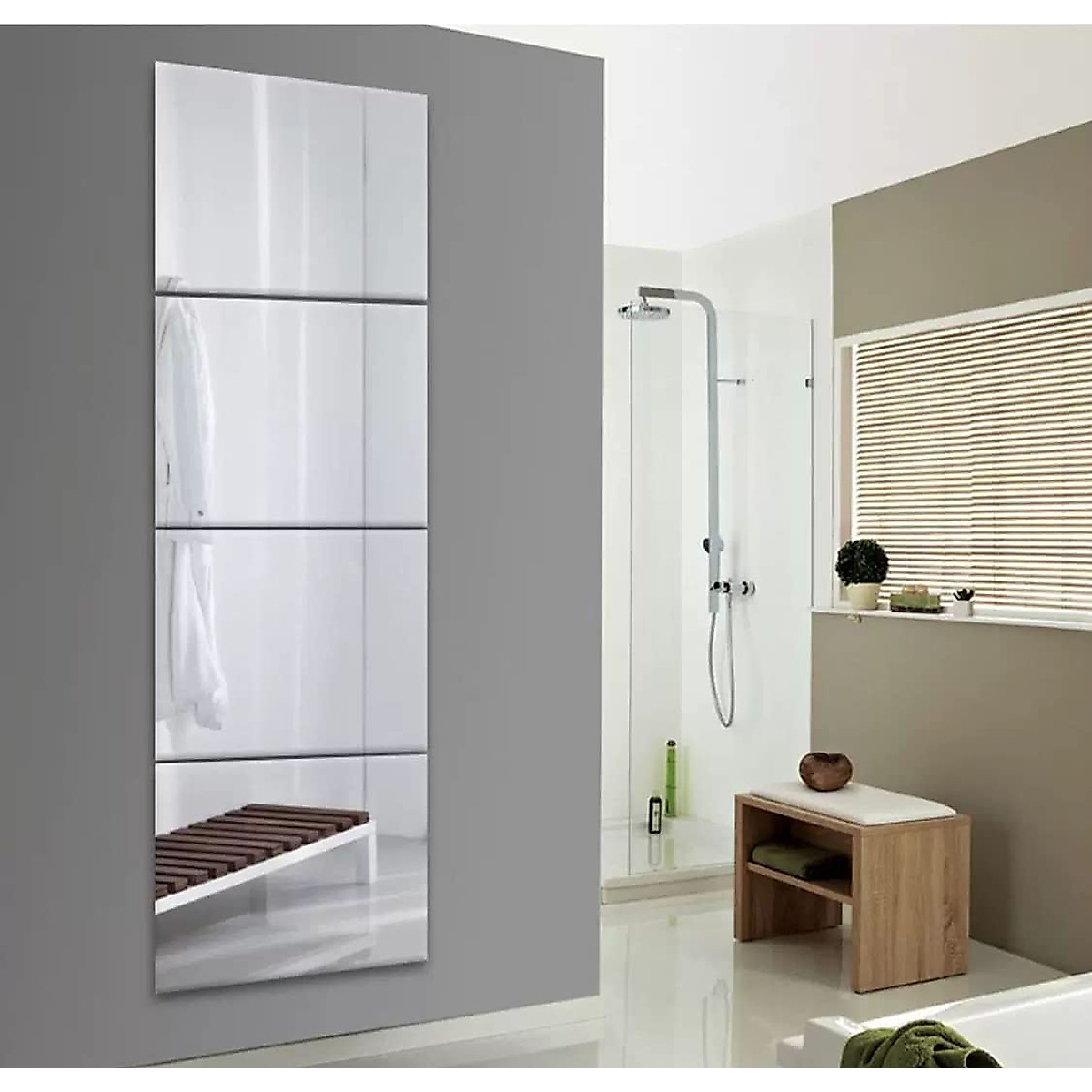 OBIOZZ Bedroom Floor Standing Mirror 11.8 Inch Full Length Mirror with Acrylic 4Pcs Frameless Wall-Mounted Mirror Hanging Door Mirror for Makeup Mirror Vanity Bedroom, Living Room