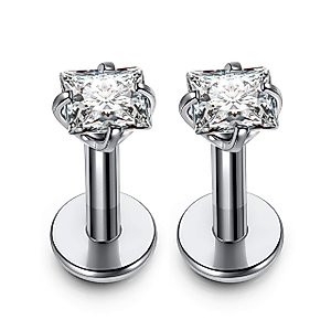 PiercingJ 2-4pcs 16g 316L Stainless Steel 3mm Cubic Zirconia Labret Monroe Lip Ring/Tragus/Helix Earring,6-12mm Bar Length (3mm zirconia square/ 6mm bar)