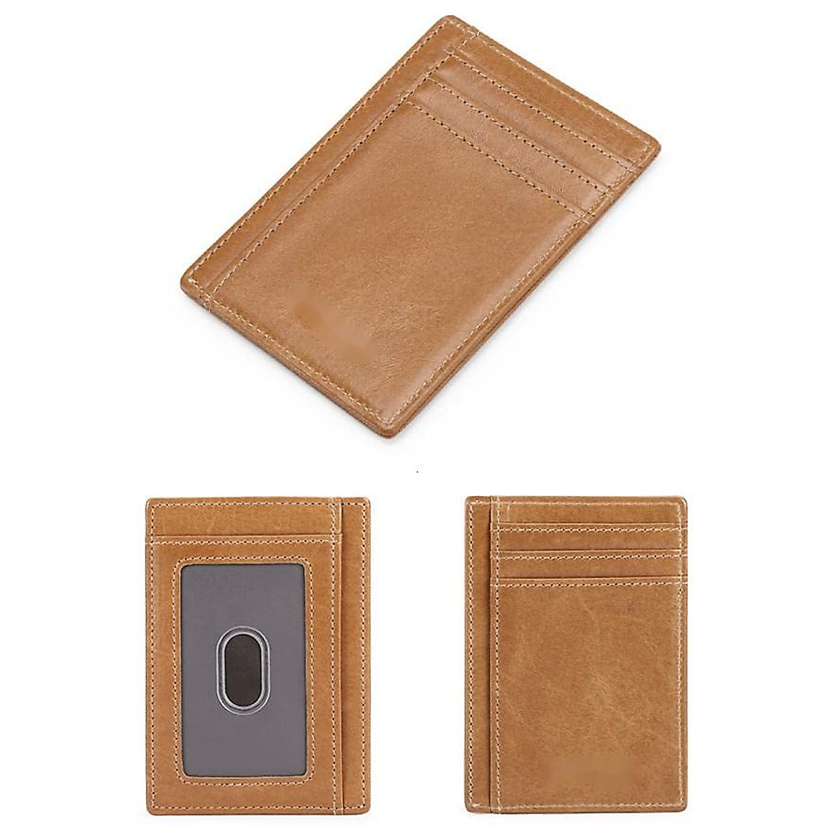 XIMI Men'S And Women'S Minimalist Ultra-Thin Wallets Rfid Front Pocket Leather Card Holder Wallet Fashion Bank Card Coin Purse Case With Id Window Simple Credit Card Holder (Khaki)