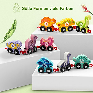 Wooden Dinosaur Numbers Train Game for Toddlers 3 Years Old,Early Education Learning Calculation Block Kit Toys for Boys & Girls Birthday Gift.