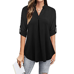 Ninedaily Black Blouses for Women Fashion 2025,Business Casual Dressy Workwear Tops Ladies Elbow Length 3 4 Sleeve Tunic Shirts Mandarin Collar V Neck Formal Professional Blouse Elegant Going Out, M
