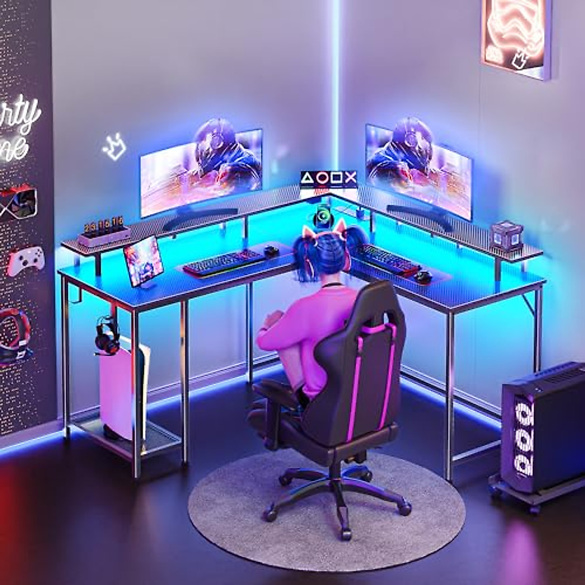 SUPERJARE Desk L Shaped Gaming Desk with LED Lights & Power Outlets, Computer Desk with Monitor Stand, Home Office Desk Corner Desk with Headphone Hooks, Carbon Fiber Black