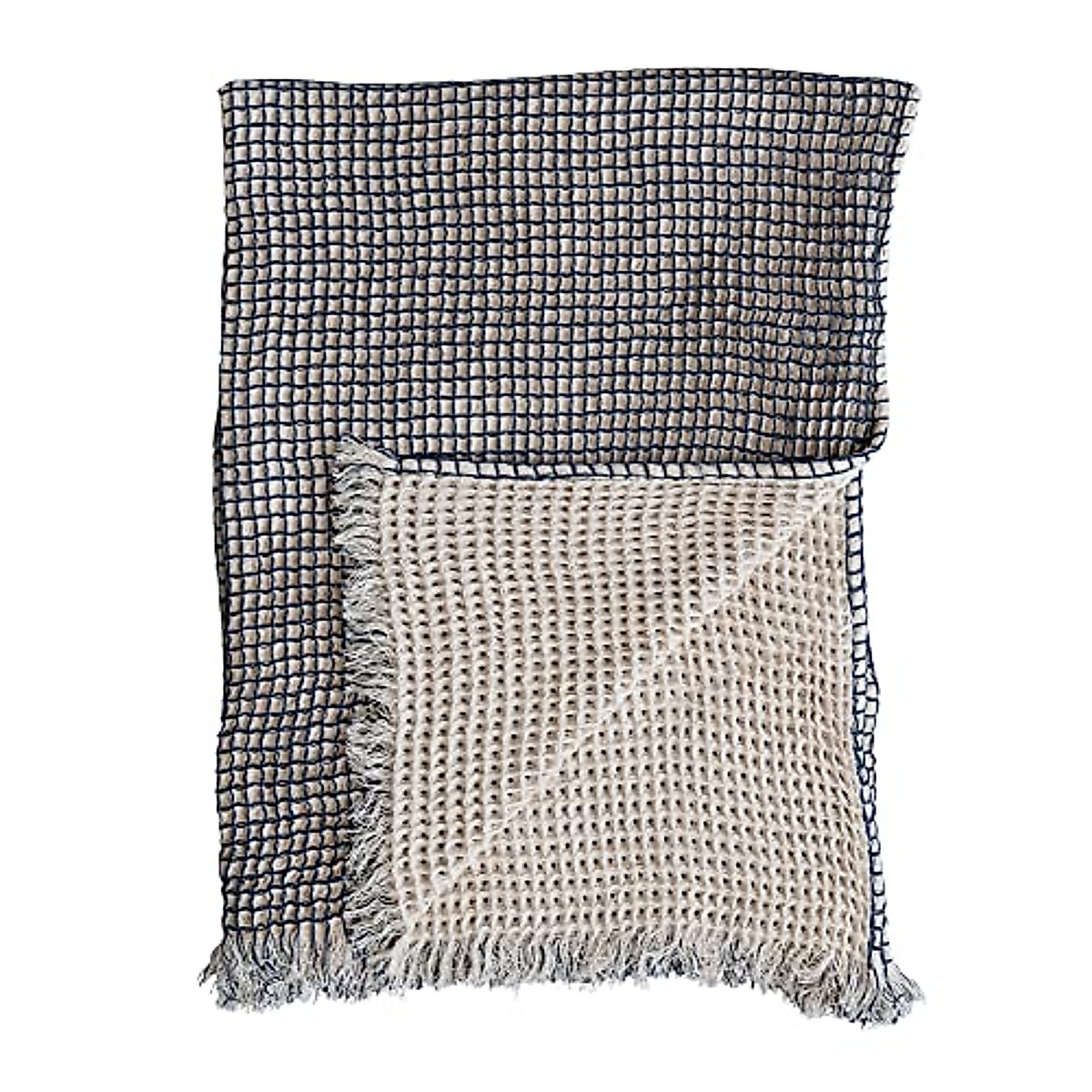 Creative Co-Op 2-Sided Cotton Waffle Weave Fringe, Natural and Navy Throw Blanket, Blue