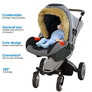 Yinuoday Baby Car Seat Cover with Faux Fur Hem Winter Knitted Stretchy Infant Stroller Cover Carseat Canopy for Boy Girl Indoor Outdoor