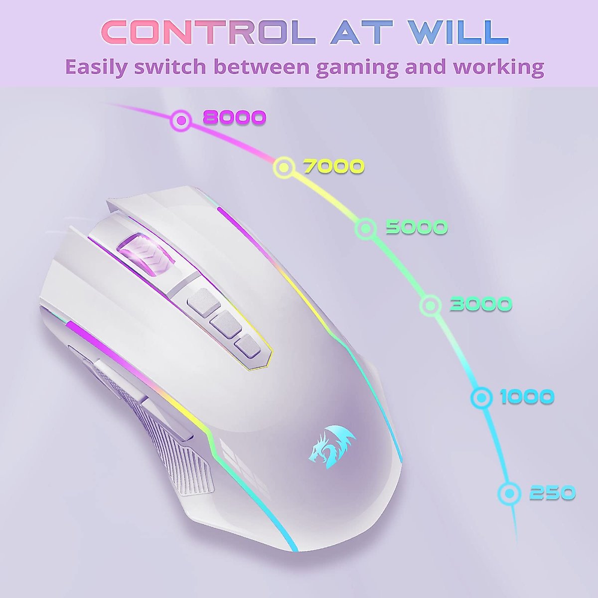 Redragon Wireless Gaming Mouse with RGB Backlit, 8000 DPI, with Fire Button, Macro Editing Programmable,70Hrs for Windows/Mac, Rechargeable, White, M910-WS