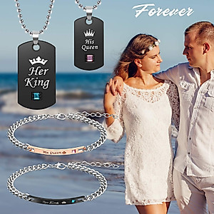 6 Piece Her King His Queen Necklace Bracelet Couple Necklace Bracelet Keychain Set for Valentines Jewelry Gift