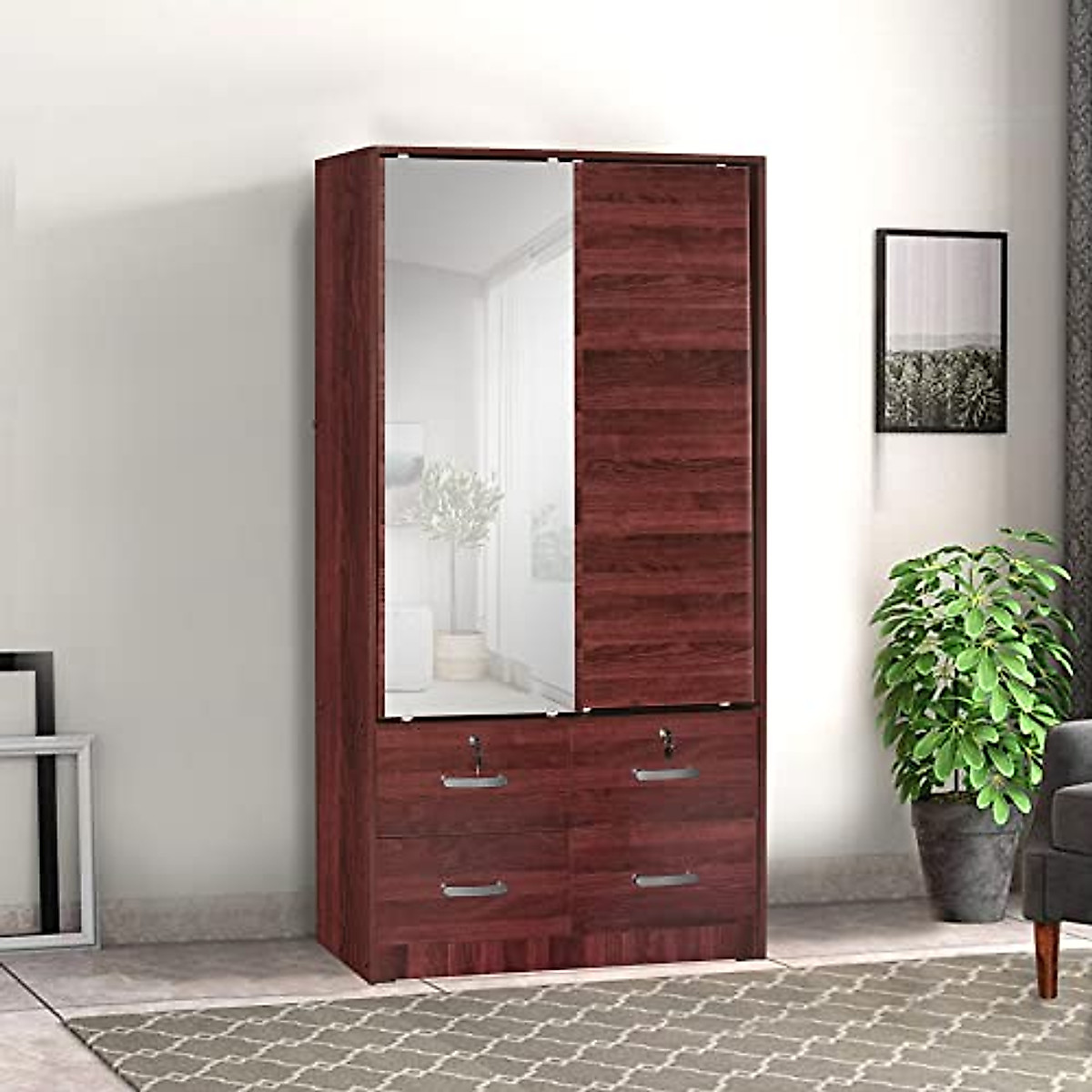 Better Home Products Sarah Double Sliding Door Armoire with Mirror in Mahogany