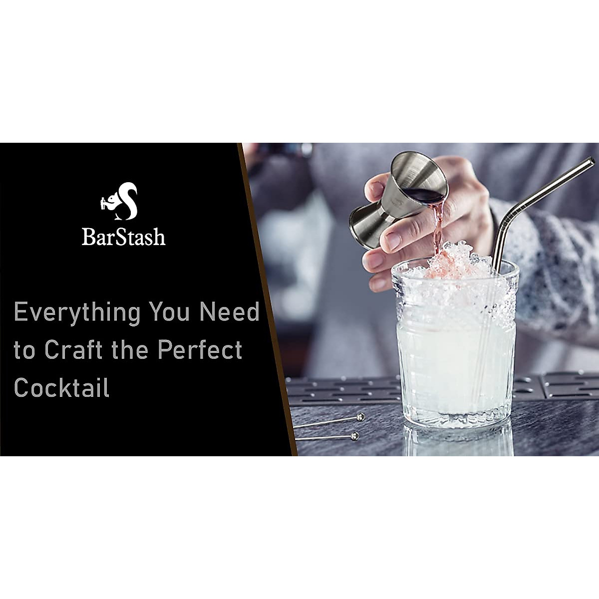 BarStash Bartender Kit - Premium Bar Tools Set with Unique Wooden Stand - House Warming Gifts New Home - Bar Accessories Home Bar Set, Cocktail Set, Bar Kit - Cocktail Recipe E-Book -Stainless Steel