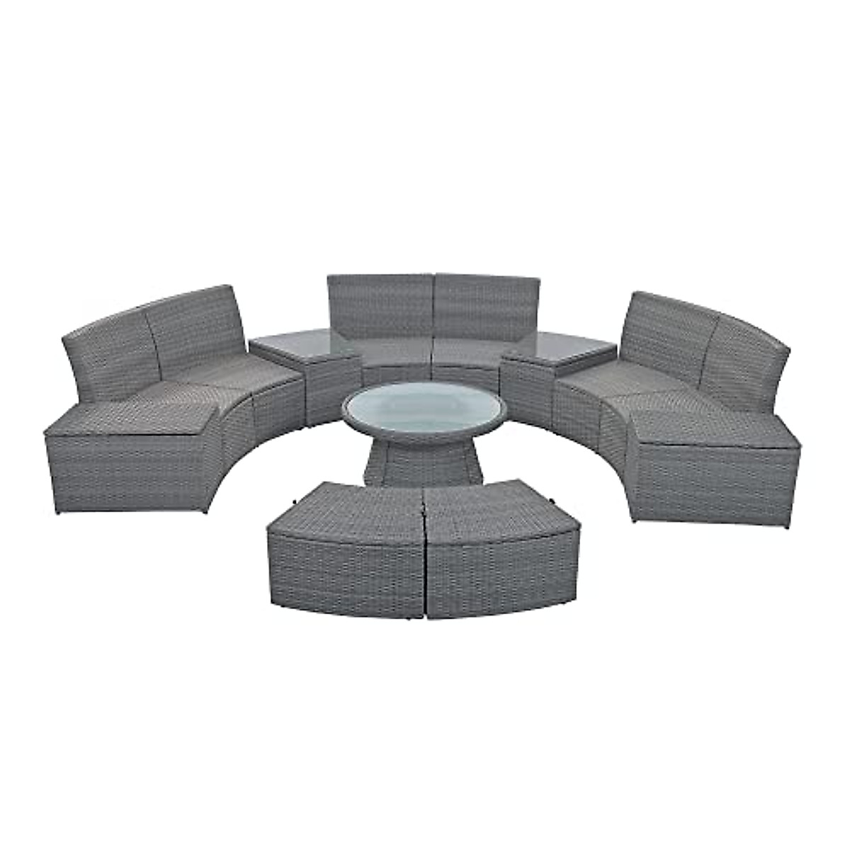 DHPM 10-Piece Half-Moon Sectional Patio Furniture Set Curved Outdoor Sofa with Tempered Glass Round Coffee Table, Light Gray