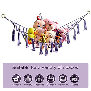Purple Hammock with Wooden Beads and Fringe Toy Storage, Boho Room Decor, Bedroom Decor, Plush Toy Storage for Kids, Girls Bedroom Storage