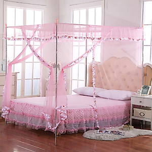 JQWUPUP Twin Canopy Bed Curtains - 4 Corner Canopy for Beds, Bed Canopy for Girls Adults, Bedroom Decor (Twin Size, Pink)