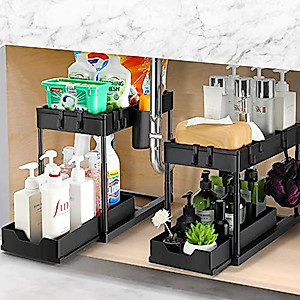 Under Sink Organizers and Storage, Adjustable Height Sliding Drawer 2 Tier Cabinet Organizer with Pull Out Drawer/Hook/Cup/Dividers for Bathroom Kitchen (Black)