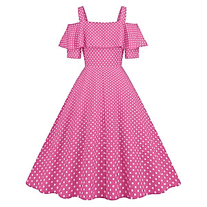 UNSERE Womens Trendy Off Shoulder Vintage Large Swing Dress Sexy Suspender Ruffled Short Sleeve Polka Dot Dresses Elegant High-Waist 50S Retro Prom Party Dress for Halloween(Pink,XX-Large)