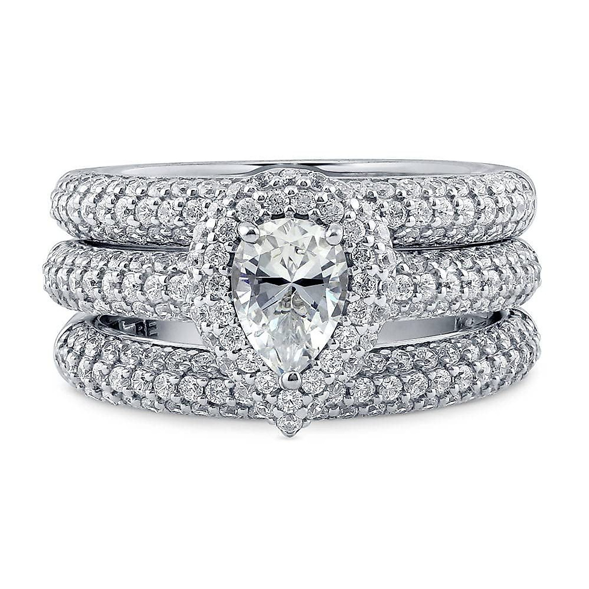 BERRICLE Sterling Silver Halo Wedding Engagement Rings Pear Cut Cubic Zirconia CZ Statement Ring Set for Women, Rhodium Plated Size 5